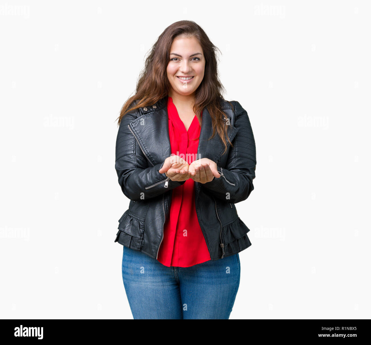 Beautiful plus size young woman wearing a fashion leather jacket over ...