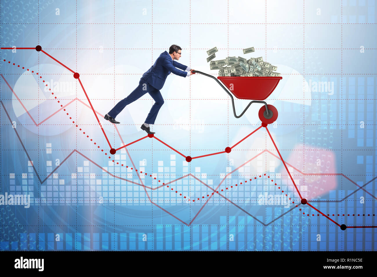 Businessman pushing money wheelbarrow down the chart Stock Photo - Alamy