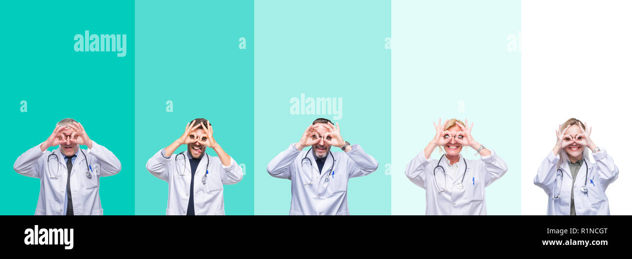Collage of group of doctor people wearing stethoscope over colorful ...