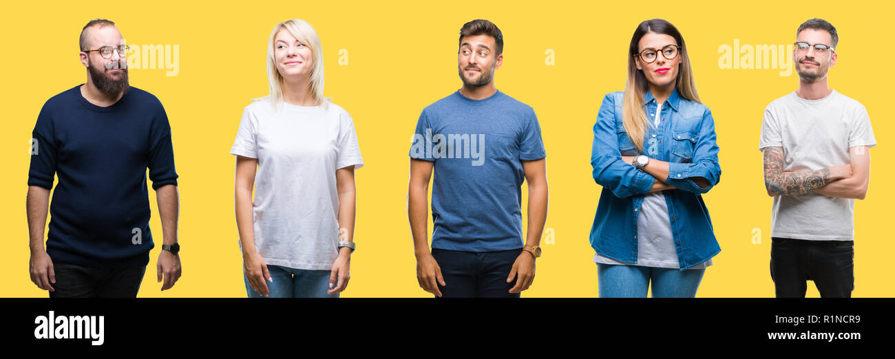 Collage of group people, women and men over colorful yellow isolated ...