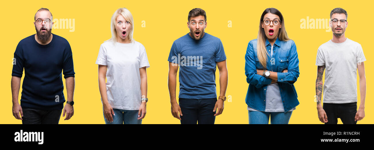 Collage of group people, women and men over colorful yellow isolated ...