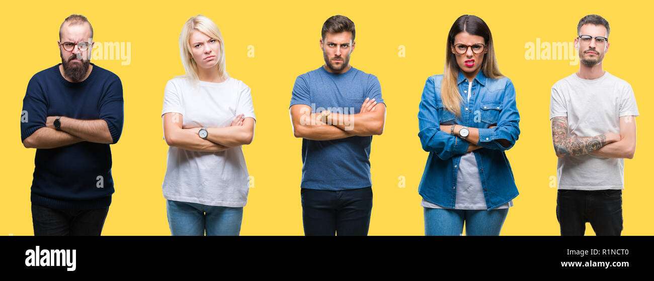 Collage of group people, women and men over colorful yellow isolated ...