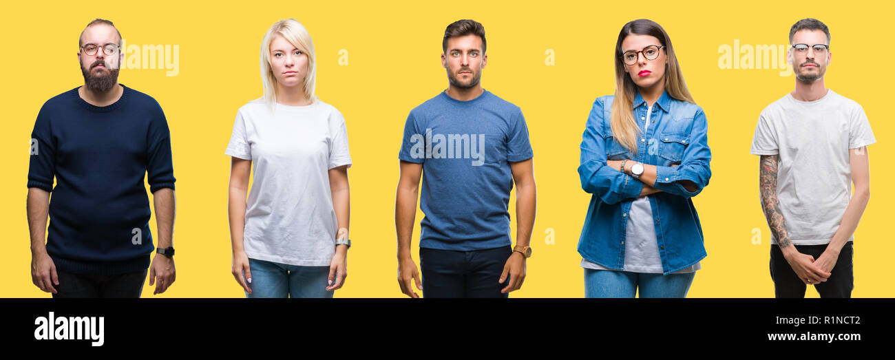 Collage of group people, women and men over colorful yellow isolated ...