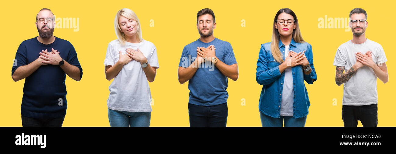Collage of group people, women and men over colorful yellow isolated ...