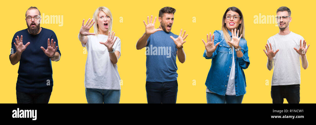 Collage of group people, women and men over colorful yellow isolated ...
