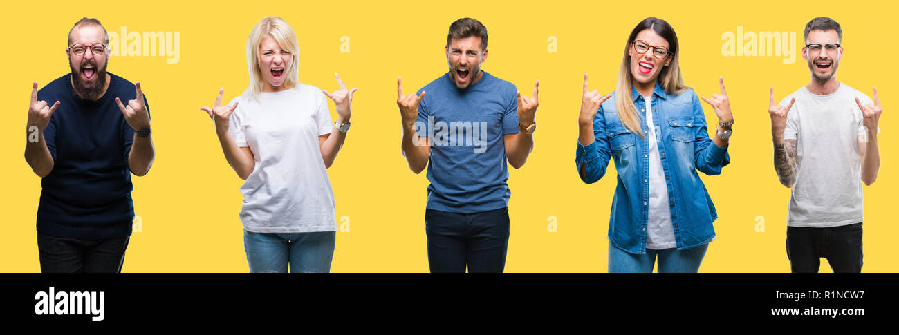 Collage of group people, women and men over colorful yellow isolated ...
