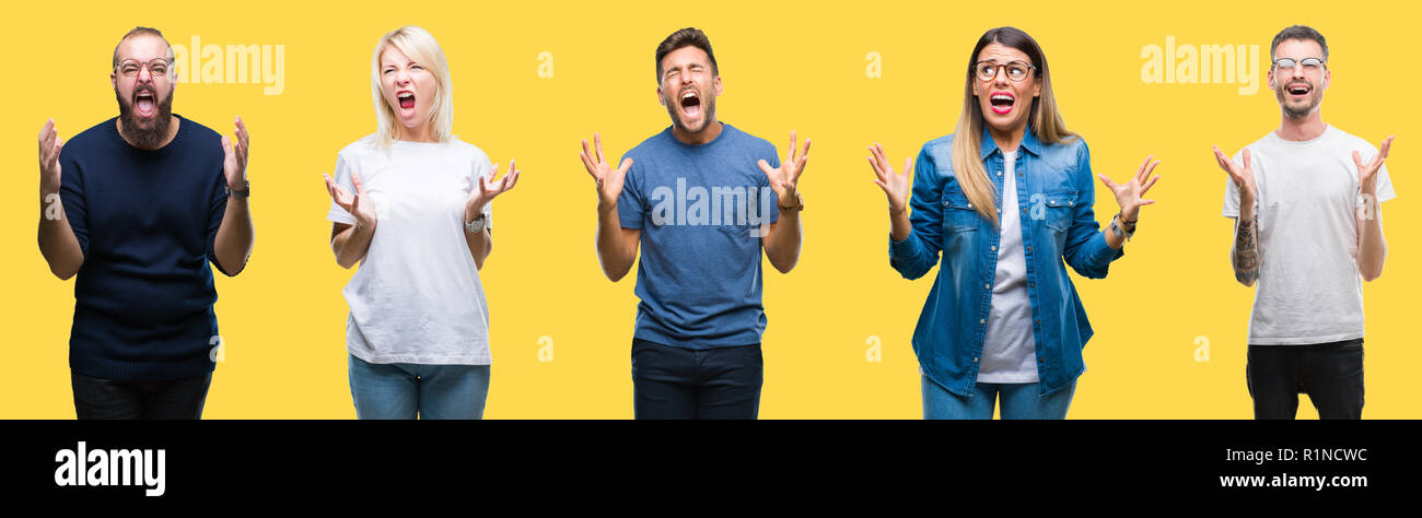 Collage of group people, women and men over colorful yellow isolated ...