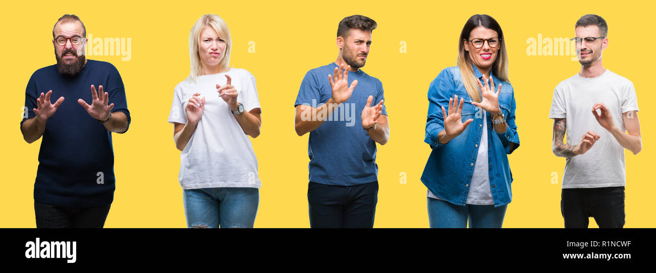 Collage of group people, women and men over colorful yellow isolated ...