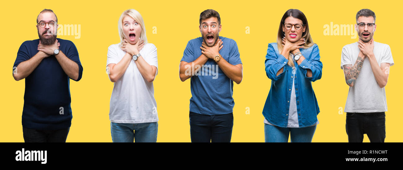 Collage of group people, women and men over colorful yellow isolated ...