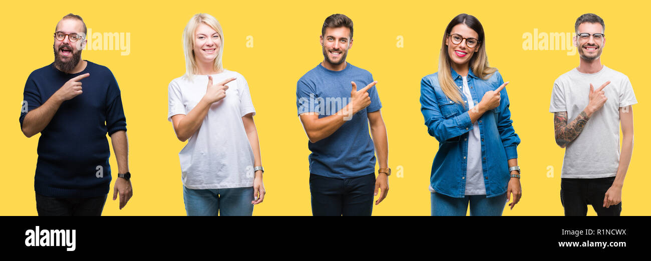 Collage of group people, women and men over colorful yellow isolated ...