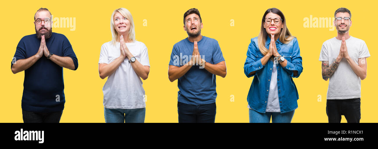 Collage of group people, women and men over colorful yellow isolated ...