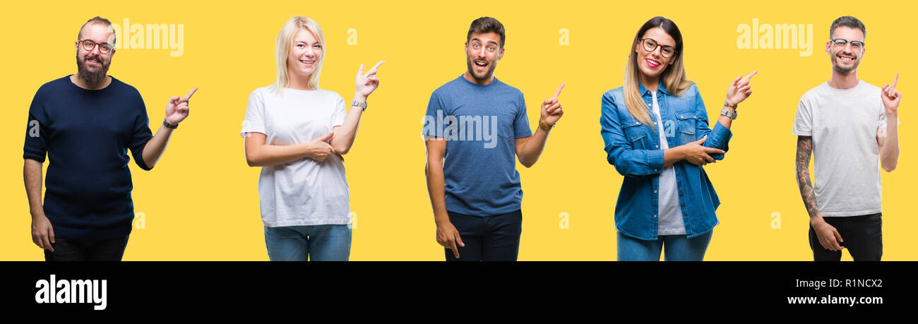 Collage of group people, women and men over colorful yellow isolated ...