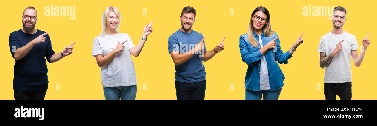 Collage of group people, women and men over colorful yellow isolated ...