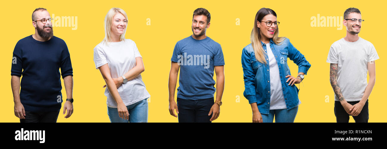 Collage of group people, women and men over colorful yellow isolated ...