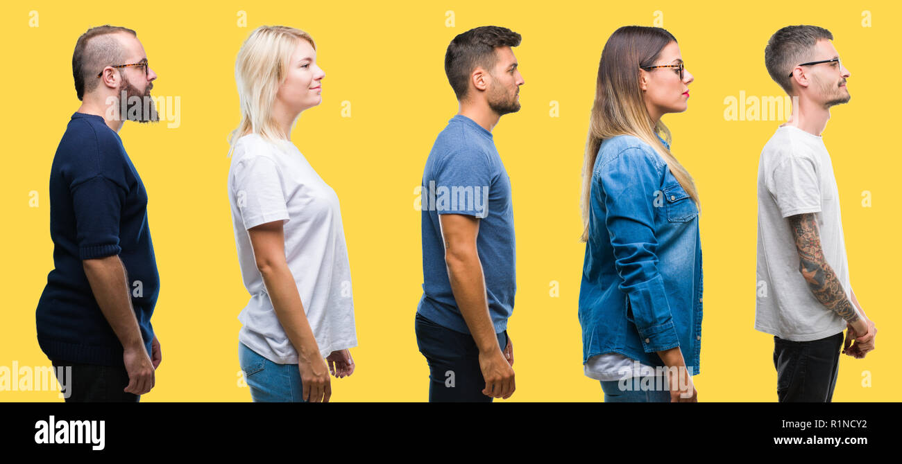 Collage of group people, women and men over colorful yellow isolated ...