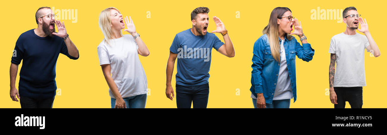 Collage of group people, women and men over colorful yellow isolated ...