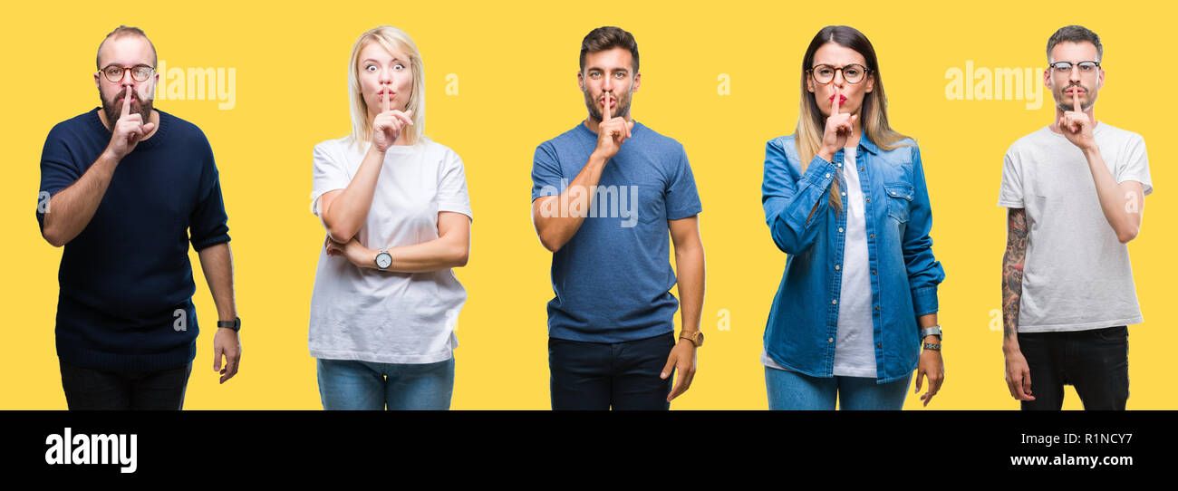 Collage of group people, women and men over colorful yellow isolated ...