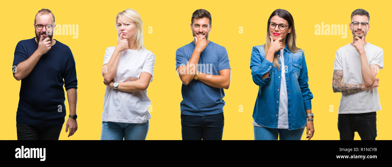 Collage of group people, women and men over colorful yellow isolated ...