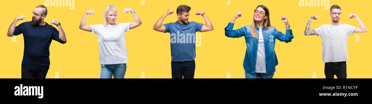 Collage of group people, women and men over colorful yellow isolated ...