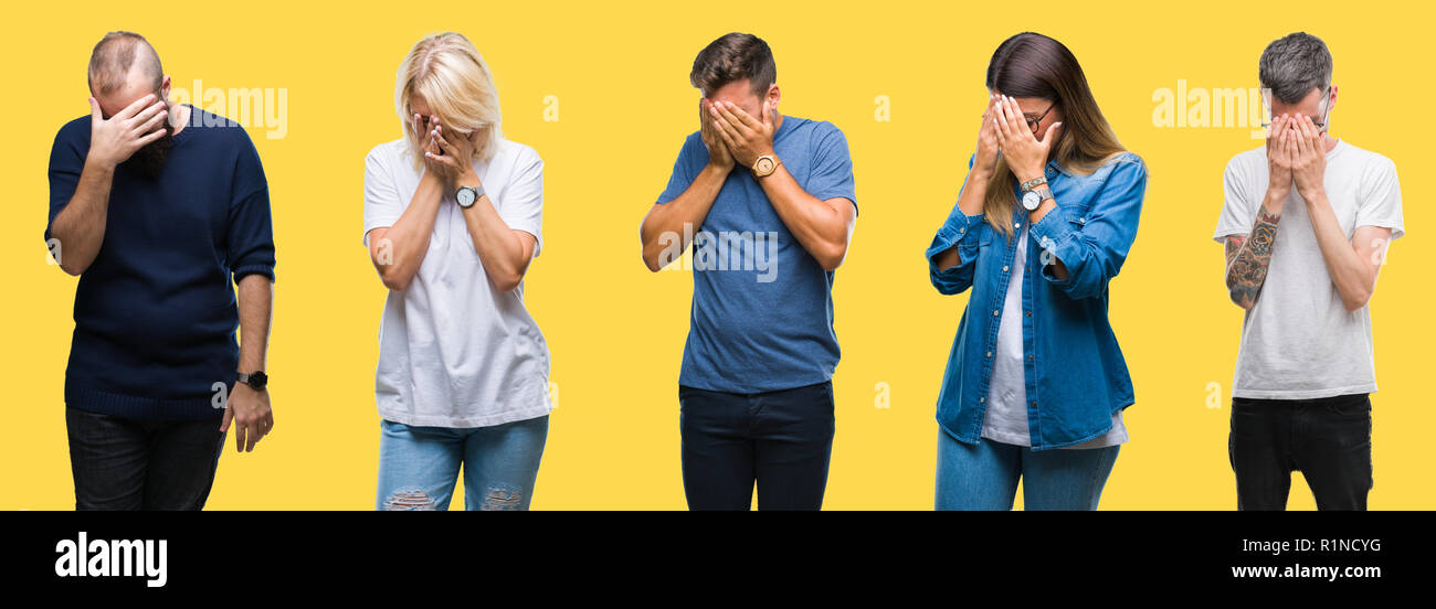 Collage of group people, women and men over colorful yellow isolated ...