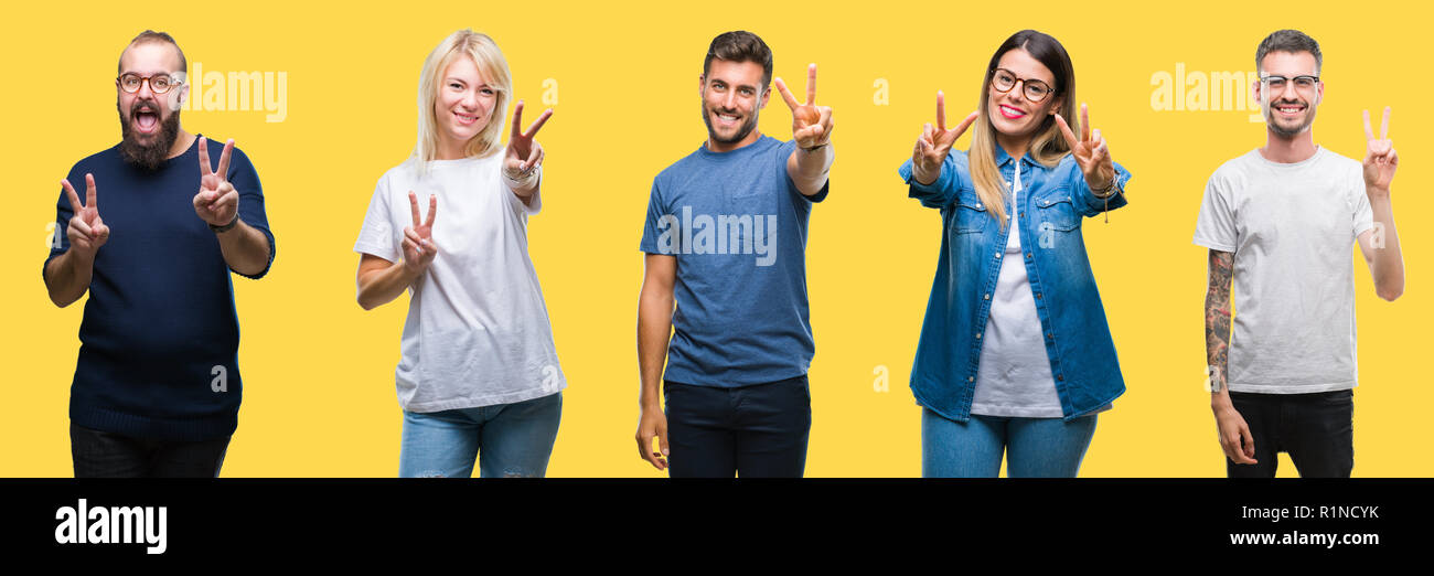 Collage of group people, women and men over colorful yellow isolated ...