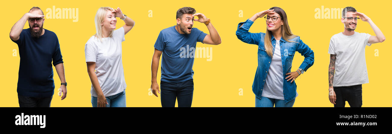 Collage of group people, women and men over colorful yellow isolated ...