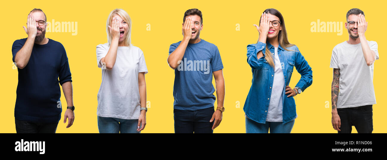 Collage of group people, women and men over colorful yellow isolated ...