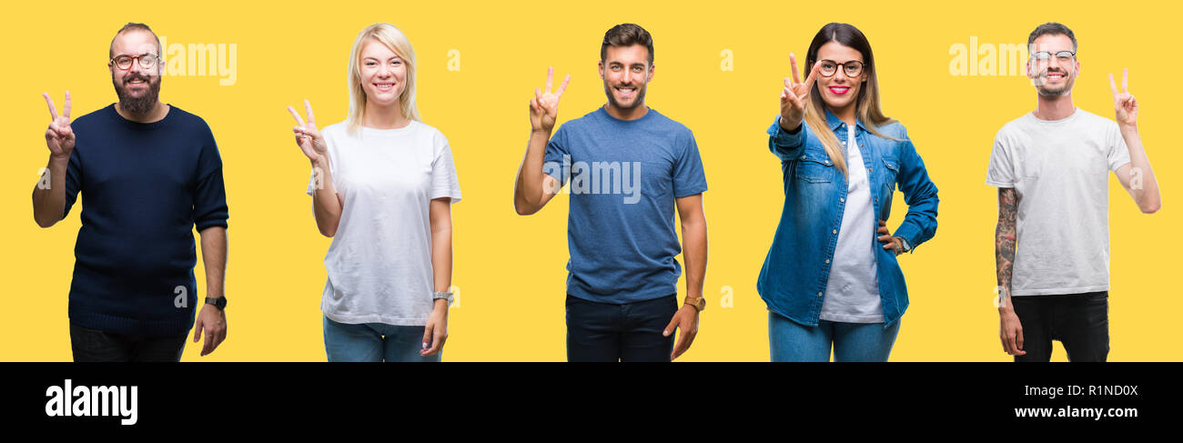 Collage of group people, women and men over colorful yellow isolated ...