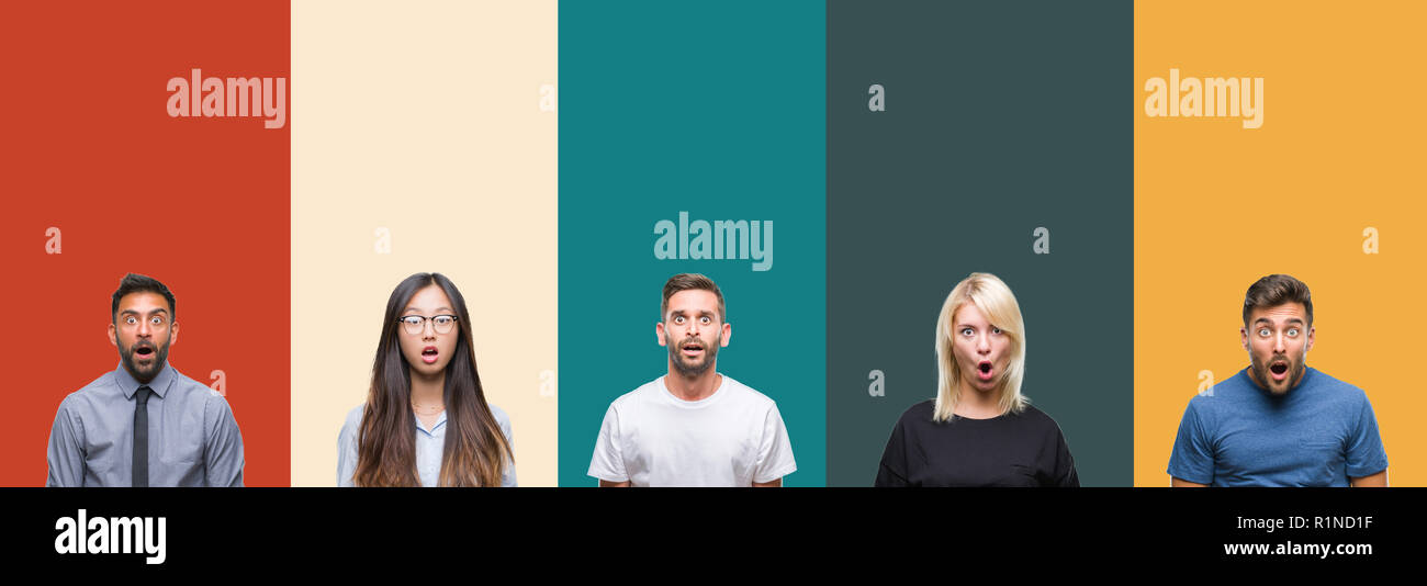 Collage of different ethnics young people over colorful stripes ...