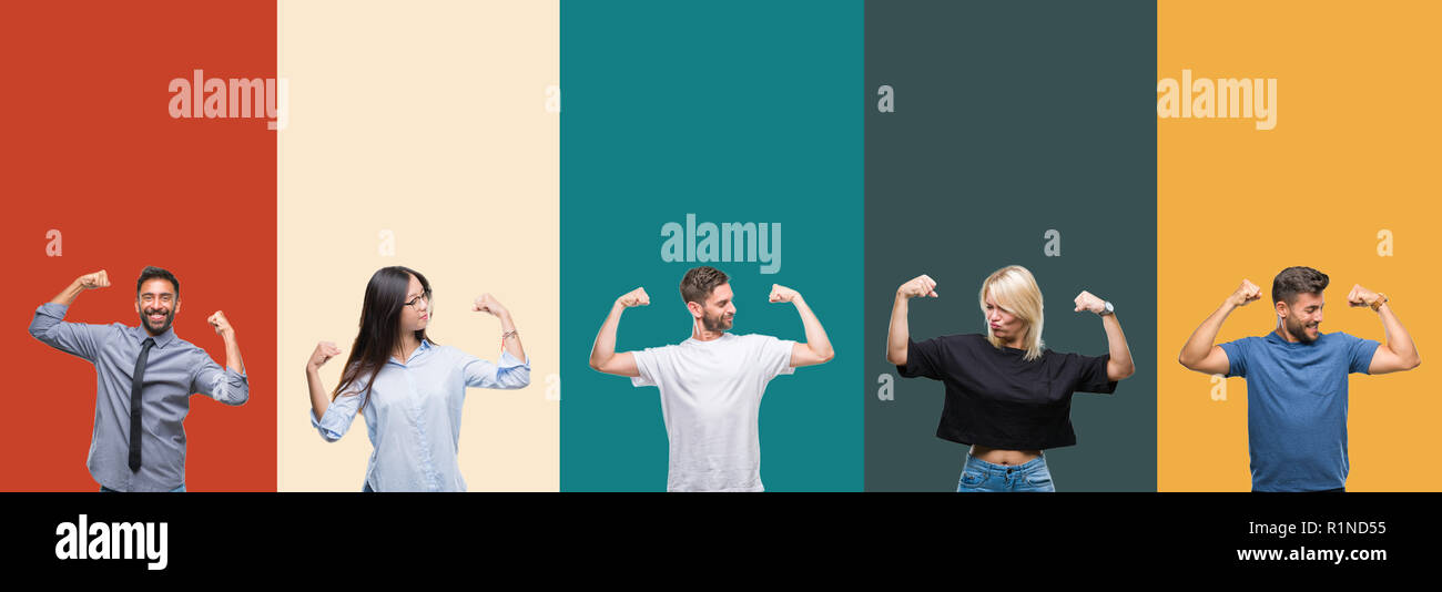 Collage of different ethnics young people over colorful stripes ...