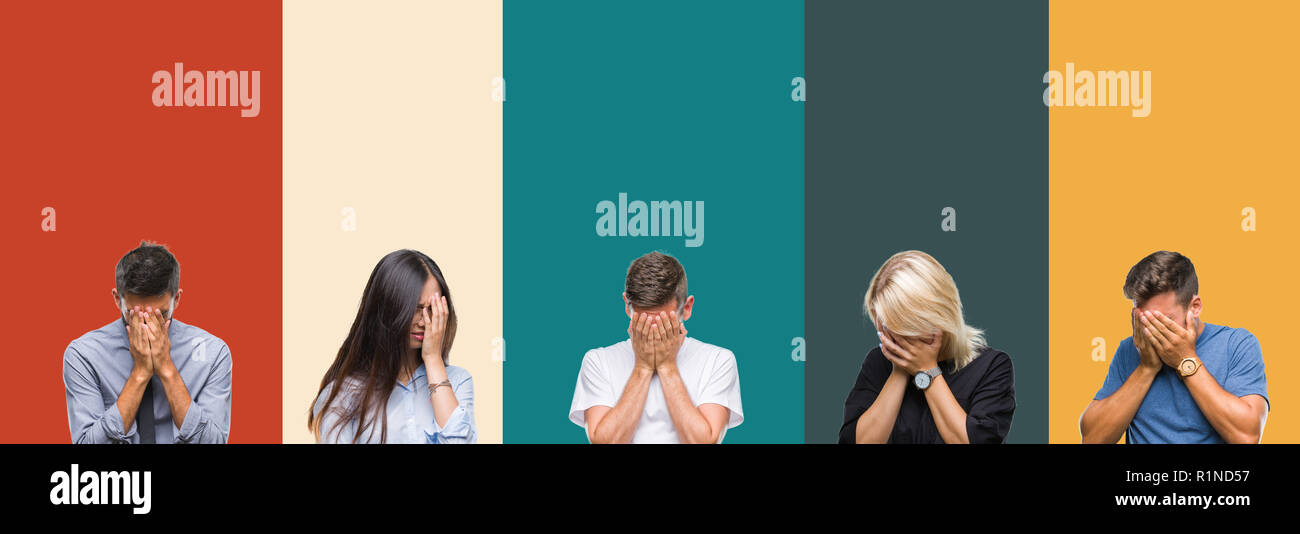 Collage of different ethnics young people over colorful stripes ...