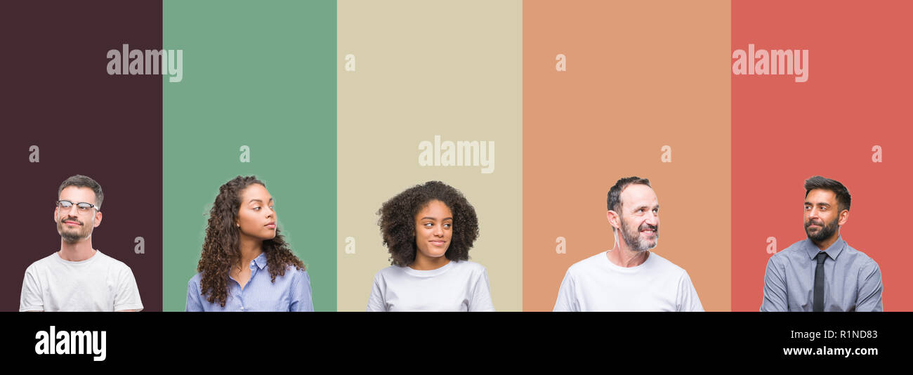Collage of group of young and senior people over colorful isolated ...