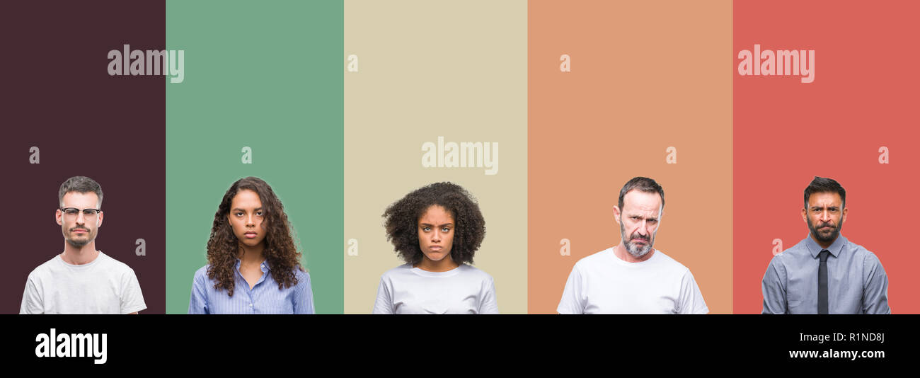 Collage of group of young and senior people over colorful isolated ...