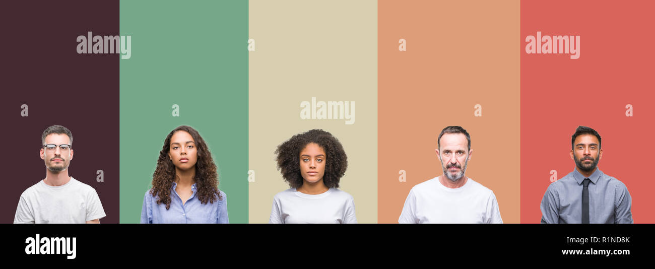 Collage of group of young and senior people over colorful isolated ...
