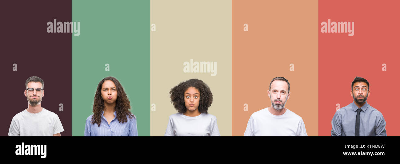 Collage of group of young and senior people over colorful isolated ...