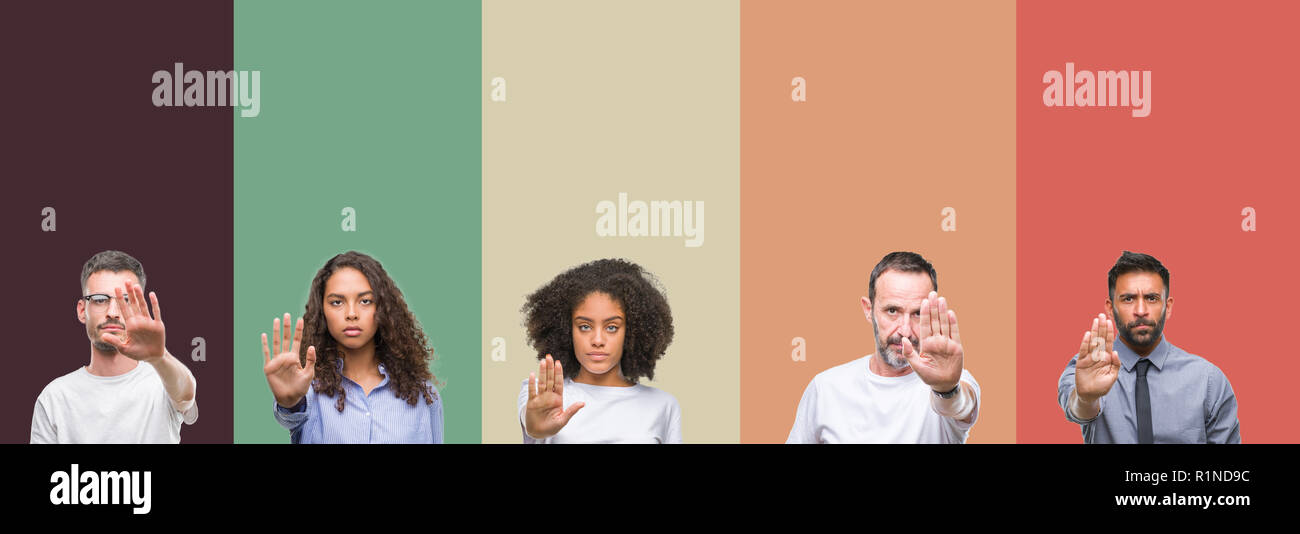 Collage of group of young and senior people over colorful isolated ...