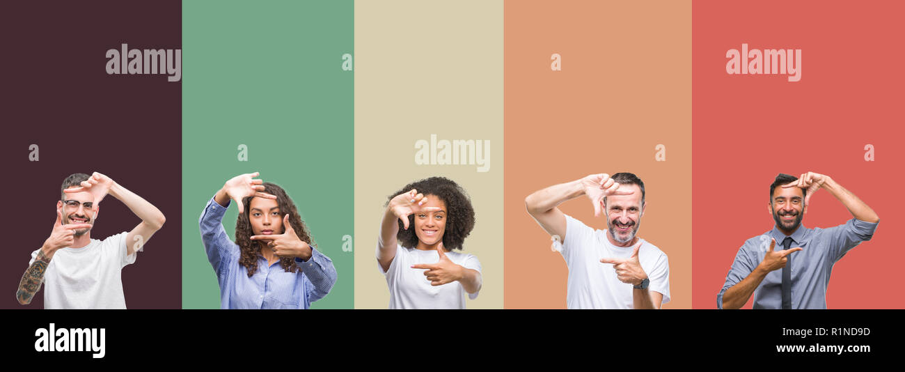 Collage of group of young and senior people over colorful isolated ...