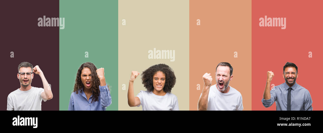 Collage of group of young and senior people over colorful isolated ...