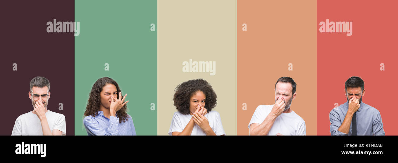Collage of group of young and senior people over colorful isolated ...