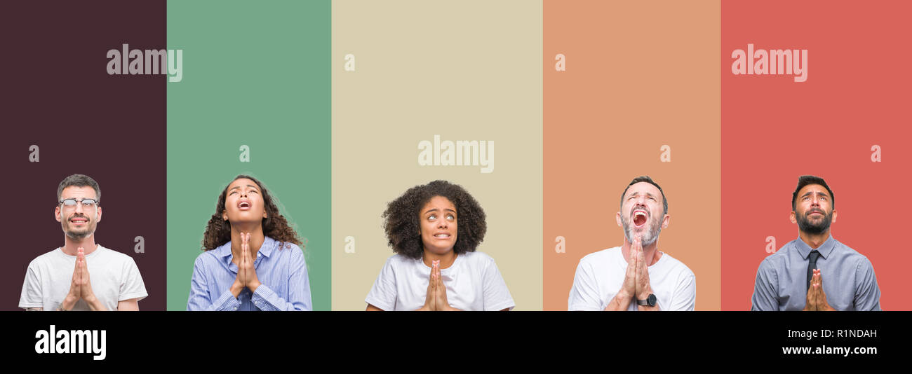 Collage of group of young and senior people over colorful isolated ...