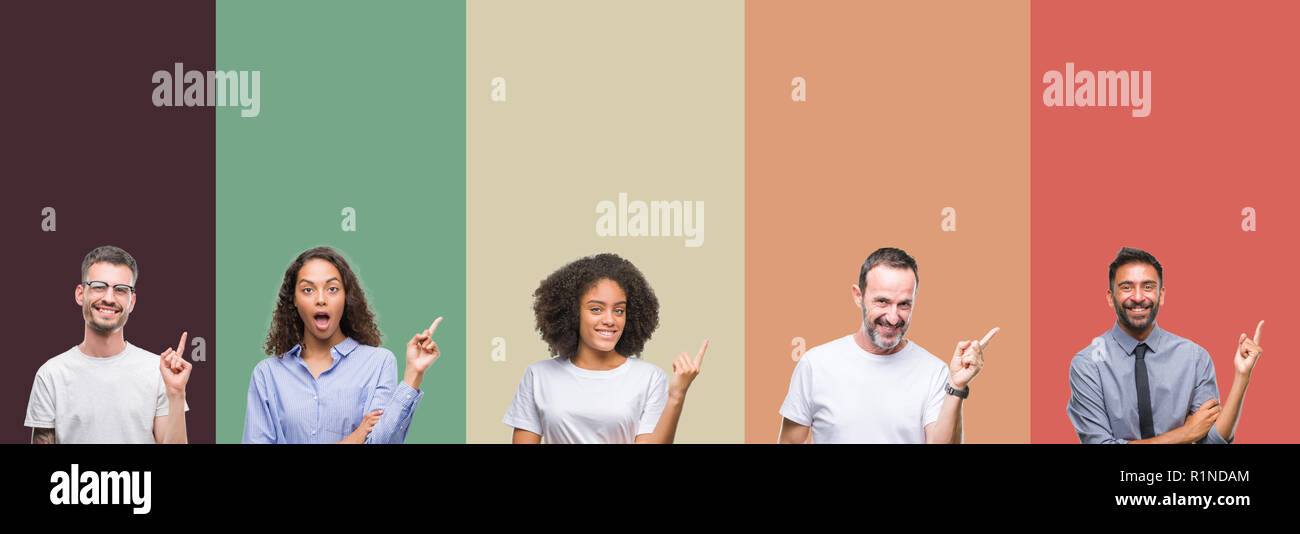 Collage of group of young and senior people over colorful isolated ...