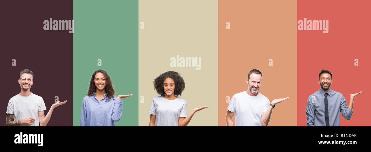 Collage of group of young and senior people over colorful isolated ...