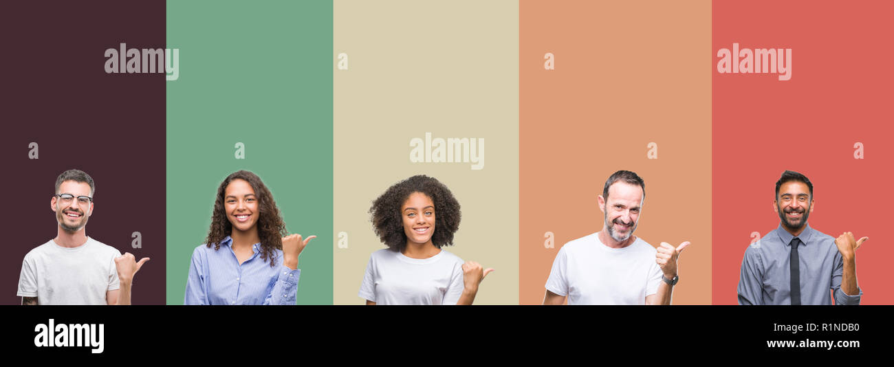 Collage of group of young and senior people over colorful isolated ...