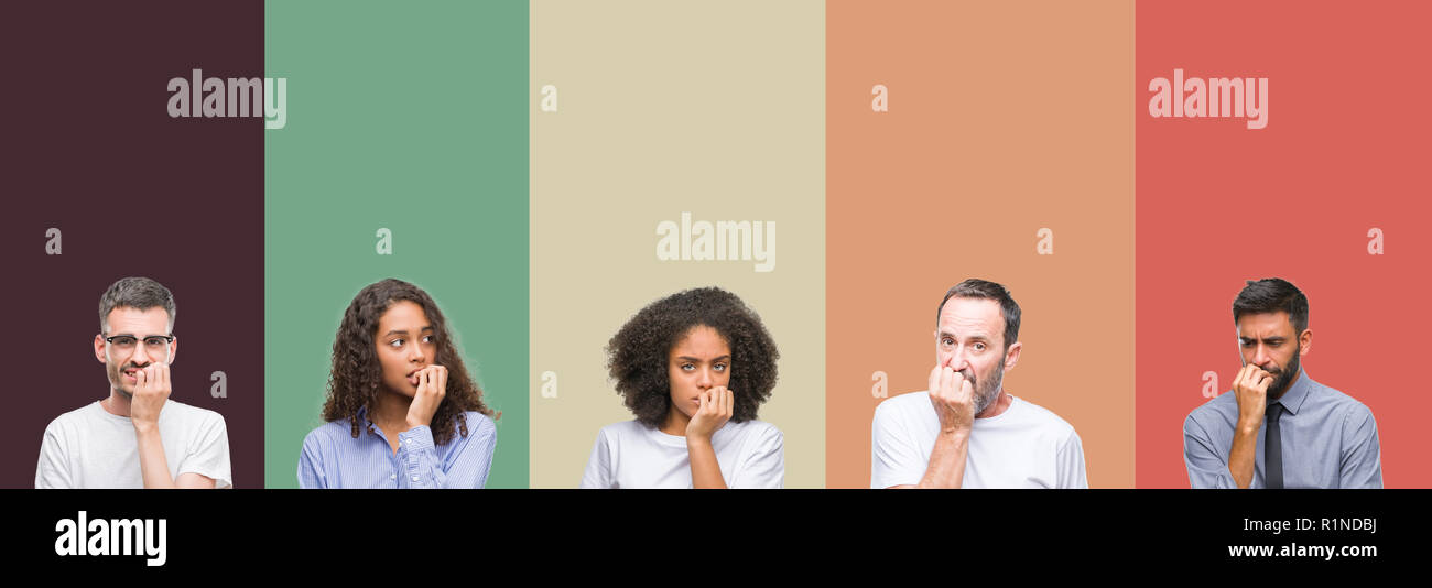 Collage of group of young and senior people over colorful isolated ...