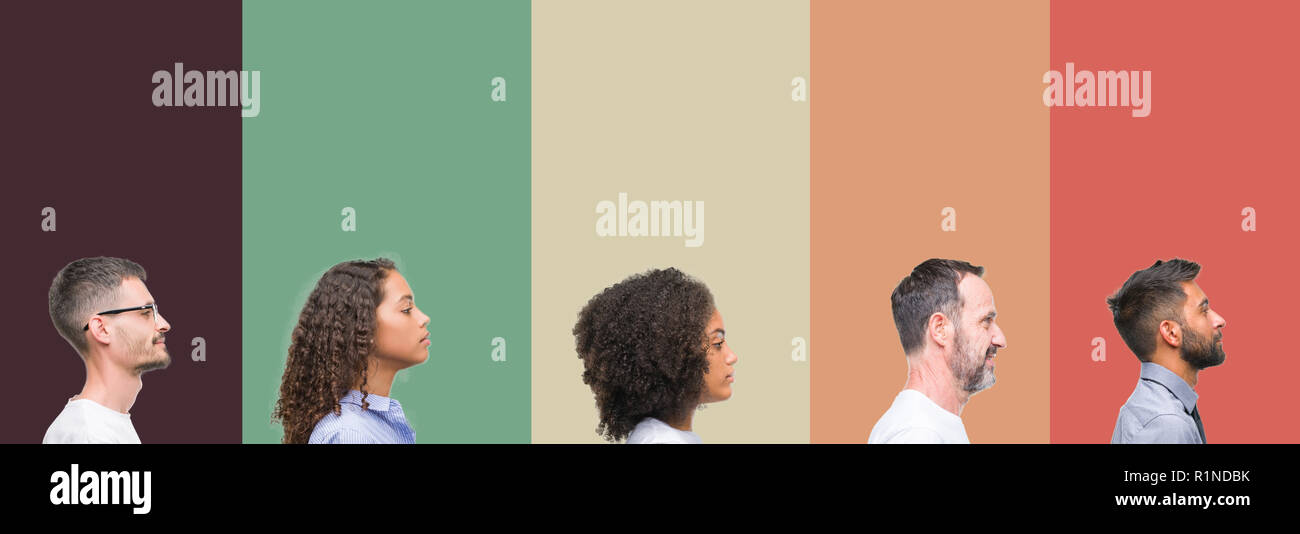 Collage of group of young and senior people over colorful isolated ...