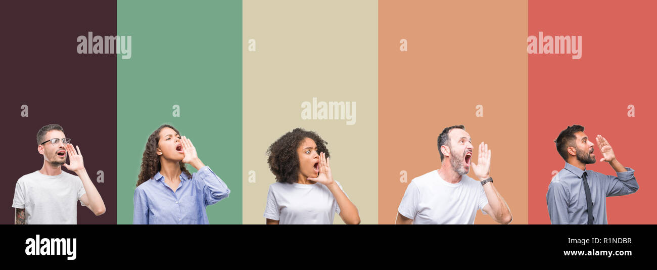 Collage of group of young and senior people over colorful isolated ...