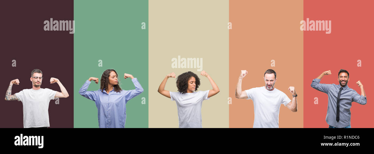 Collage of group of young and senior people over colorful isolated ...