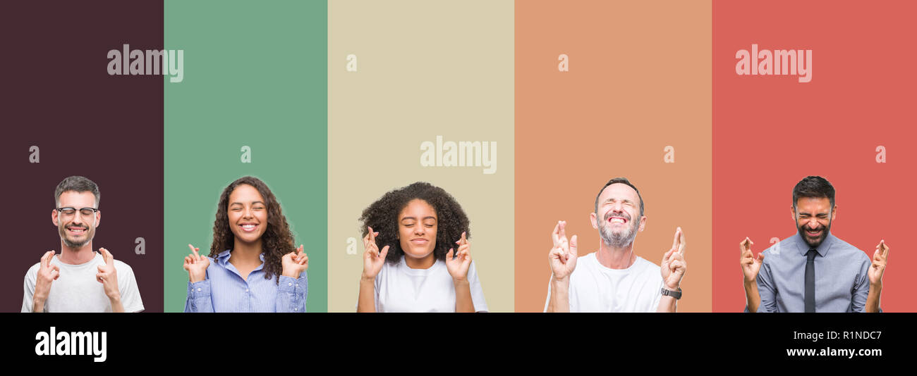 Collage of group of young and senior people over colorful isolated ...