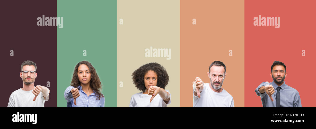 Collage of group of young and senior people over colorful isolated ...