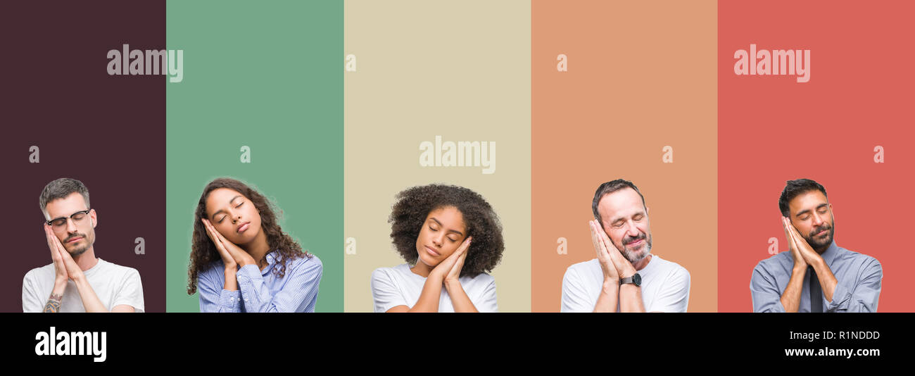 Collage of group of young and senior people over colorful isolated ...